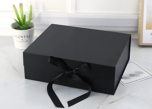Black Luxury Magnetic Gift Box with Lid, Ribbons and Gift Bag, Medium Size-9.4x7x3 Inches, Great for Business, Christmas, New Year, Wedding, Birthdays, Groomsman, Husband, Presents Display and Packging