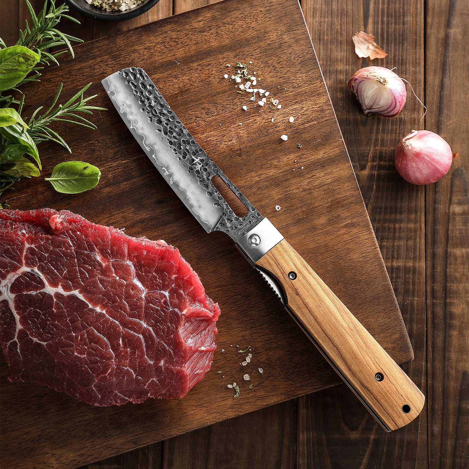 SENBON Forged 440 Stainless Steel Super Sharp Pocket Folding Chef Knife Peeling Practical Knife Fruit Knife Natural Olive Handle Camping Barbecue Outdoor Portable Kitchen Knife