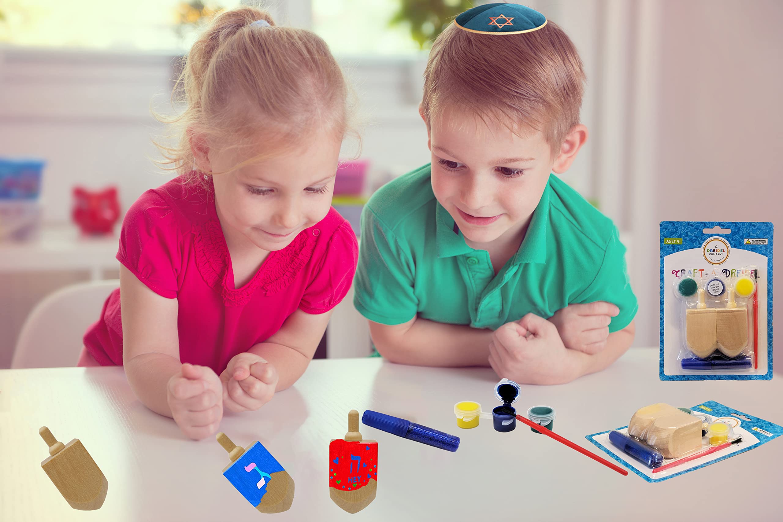 Craft-A-Dreidel, Create Your Own Custom Dreidel, Kit Includes 2 Wooden Dreidels, 3 Colors, 1 Brush, 1 Glitter, Fun and Educational (2 Dreidels)