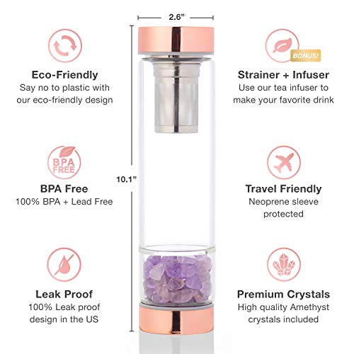 Rose Gold Crystal Elixir Infused Clear Motivational Water Bottle + Tea Infuser + Protective Sleeve + Removable Crystals Healing Stones | Witchcraft Supplies Infuser Water Bottle β 15 Oz (Amethyst)