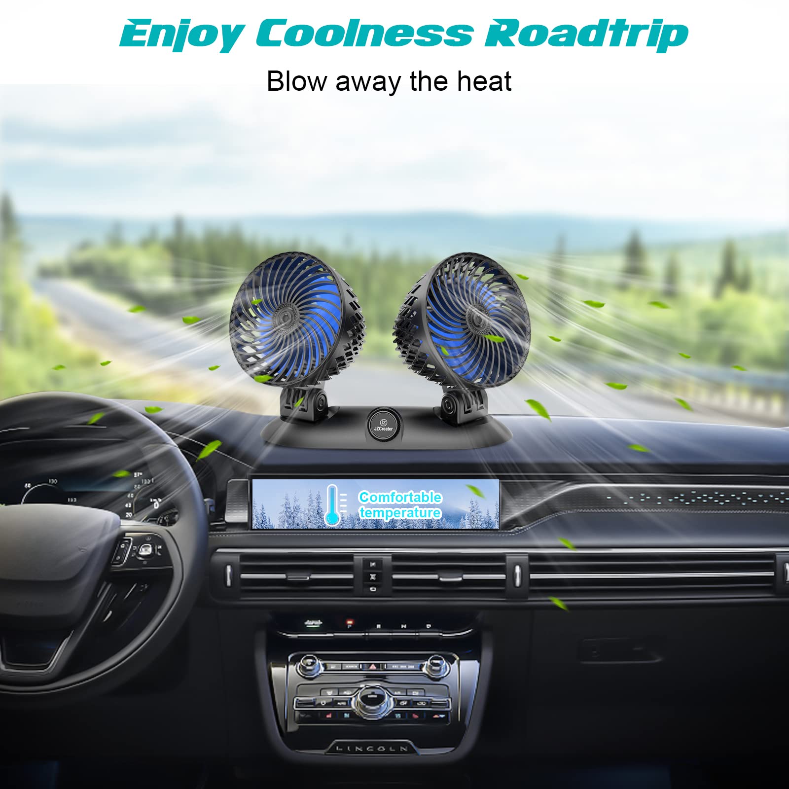 JZCreater Car Fan - Dual Head USB Desk & Portable Vehicle Cooling Fan with Variable Speed & 360°Rotation for Car Dashboard, SUV, RV, Truck, Sedan, Cruise & Office Use, Quiet & Small Fan, Black Blue