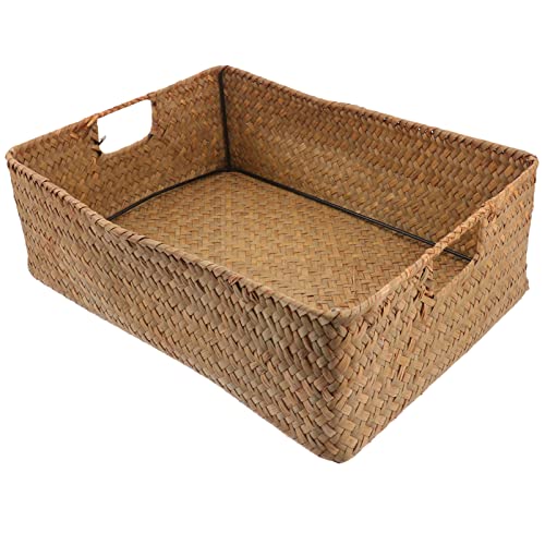 Bathroom Storage Baskets Wicker Baskets with Handles, Seaweed Storage Basket Household Natural Storage Bins Rectangular Wicker Cube for Organizing Closet, Laundry, Home (XL) Storage Baskets
