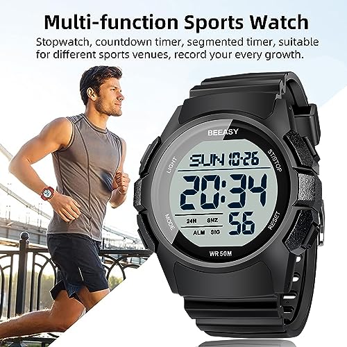 Beeasy Men Digital Sports Watch,Waterproof Watch with Stopwatch Countdown Timer Alarm Function Dual Time Watch for Mens Student