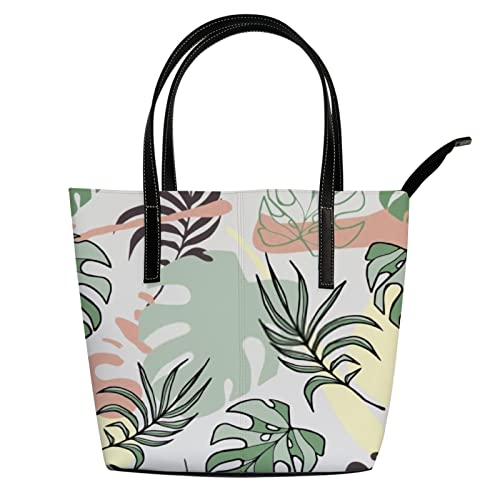 Fashion Tote Handbags Women's Soft Tote Shoulder Bag for Women Work Shopping Top Handle Satchel Bags, 15.8×4×15.4 inches,Retro Tropical Leaves 1
