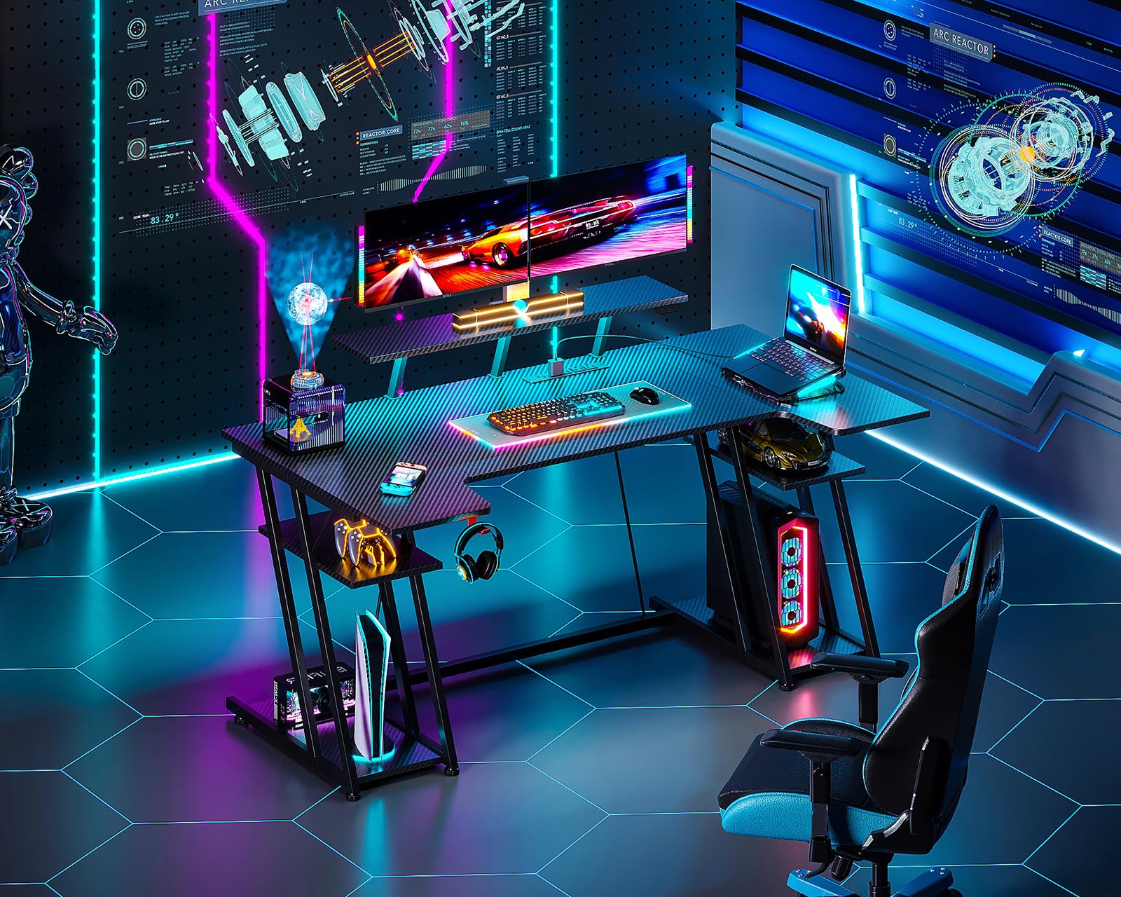 MOTPK Gaming Desk with LED Lights, 60 Inch U Shaped Desk with Power Outlet, Gaming Computer Desk with Storage Shelves, PC Gaming Table with Monitor Stand&Headphone Hook, Carbon Fiber Texture, Black