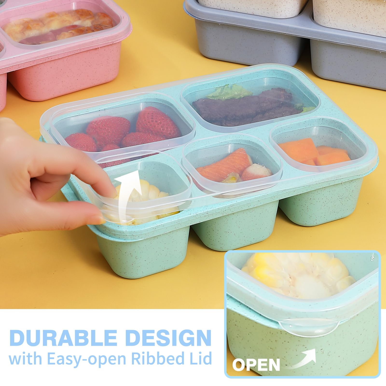 SIPOMU Bento Lunch Box, 5 Compartment Food Container Lunch Box Meal Prep Containers Wheat Straw Lunchbox Containers with Compartments Lids Microwave Safe Storage Boxes, Pack of 4