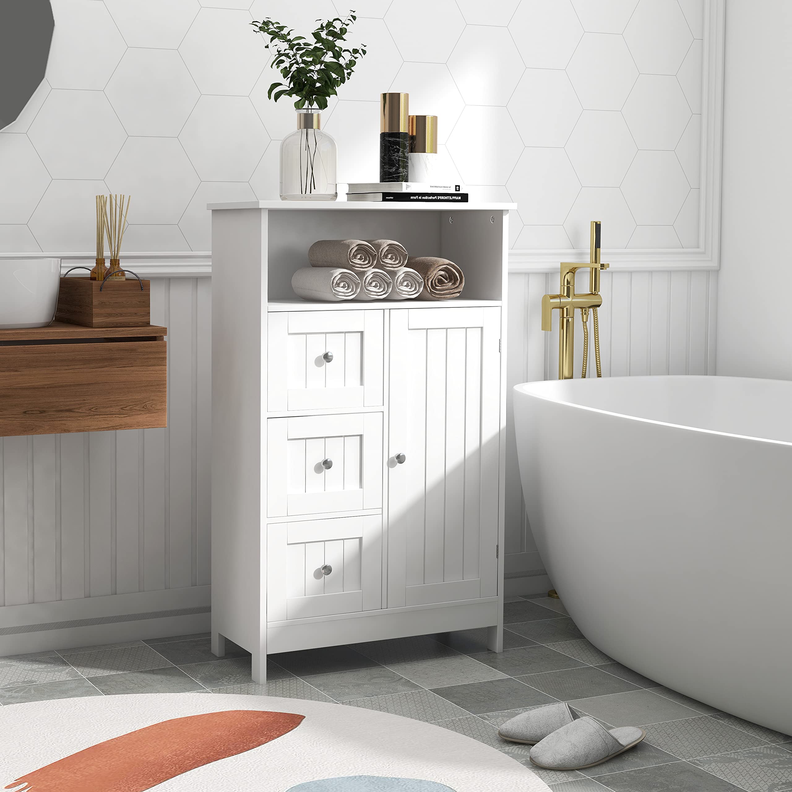 Knocbel Bathroom Floor Storage Cabinet with 3 Drawers, Open Compartment and Single Door, Free Standing Bath Organizer Unit, 23.6" W x 11.8" D x 39.6" H (White)