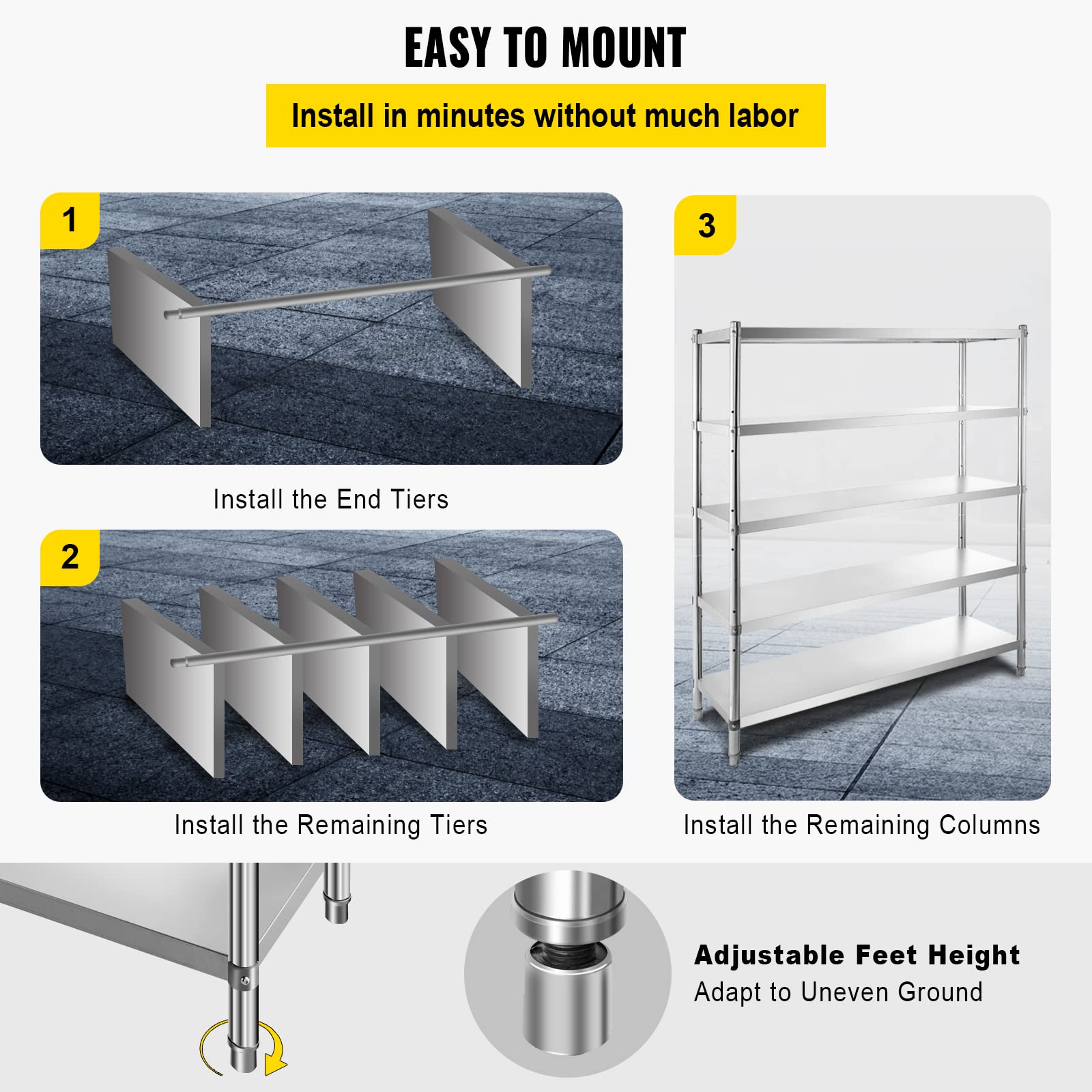 VBENLEM Stainless Steel Shelving 60x18.5 Inch 5 Tier Adjustable Shelf Storage Unit Stainless Steel Heavy Duty Shelving for Kitchen Commercial Office Garage Storage 330lb Per Shelf