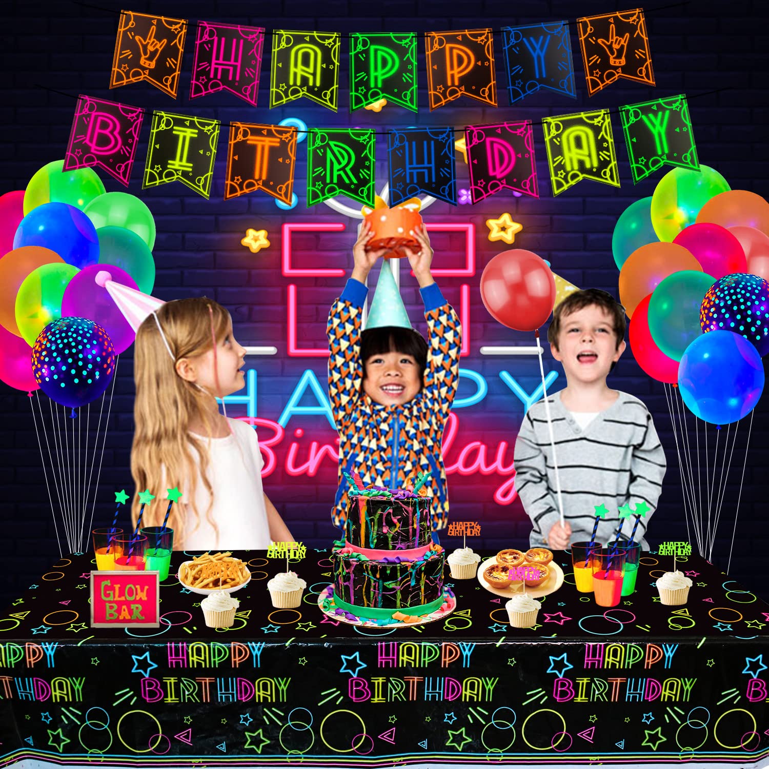 XJLANTTE 3 Pack Glow Party Tablecloth Supplies - Neon Plastic Disposable Birthday Table Cover, Black Light Rectangle All Over Print Table Cloth 51"x86.6" for Glow in The Dark Parties Decorations