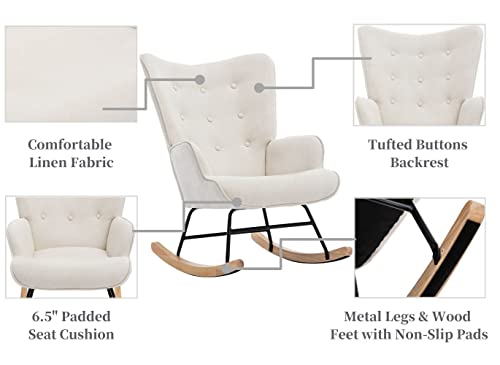 Fabric Nursery Rocking Accent Chair, Modern Tufted Button Wingback Glider Rocker Armchair with Solid Wood Legs, Beige