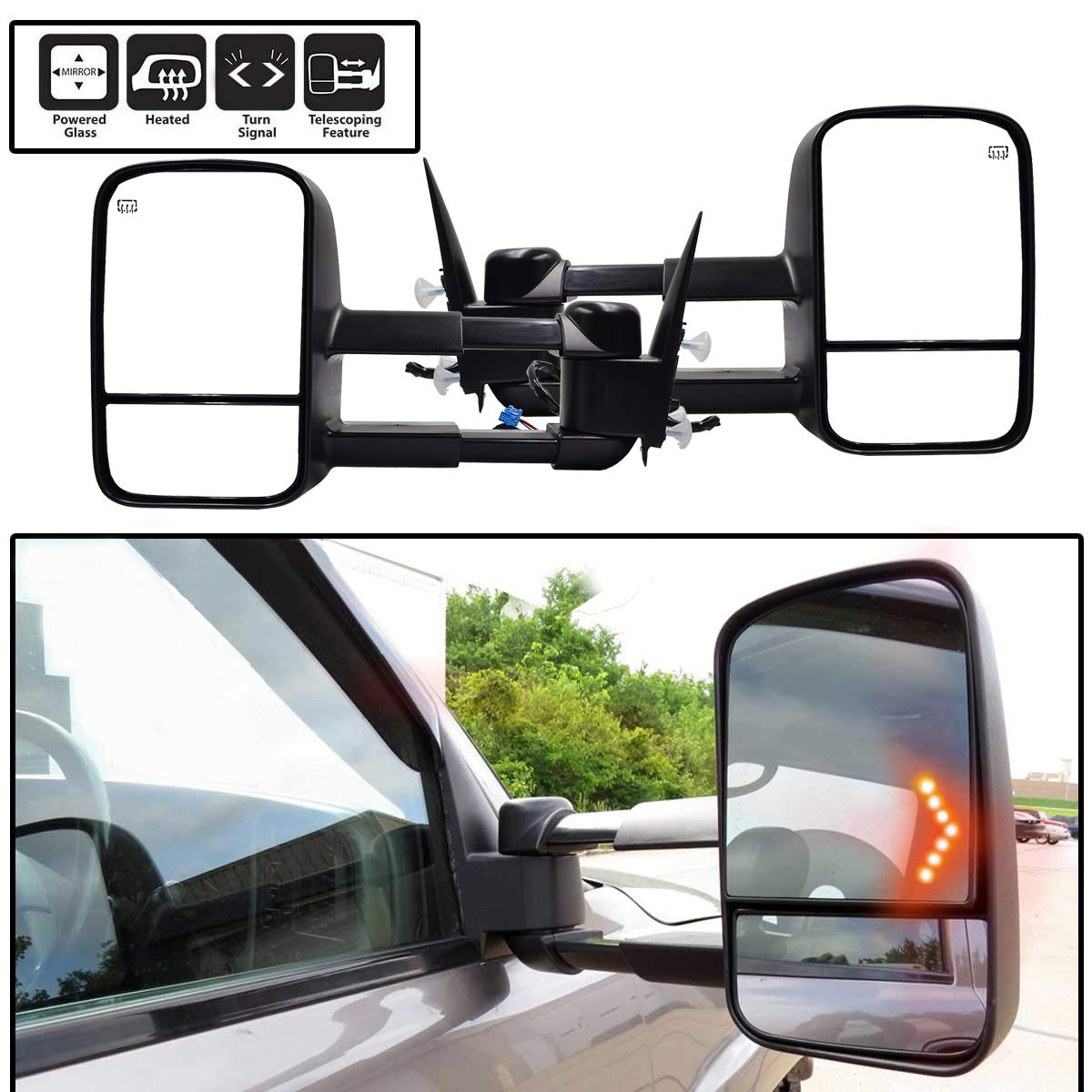 AERDM New Pair Towing mirrors Set Power Tow Heated Telescoping with Arrow Signal Light Side Mirrors Fit Chevy/GMC/Cadillac Silverado Sierra Avalanche Suburban Tahoe Yukon XL Escalade EXT ESV