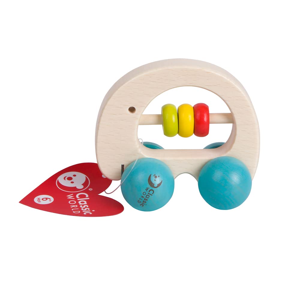 Classic World Wooden Rattle, Elephant Baby Rattle Wood Teether Grasping Toys Rings Push and Pull Toy