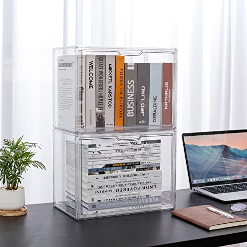 FABROK 2Pcs Clear Book Storage Organizer Box, Plastic Stackable Book Display Case with Magnetic Door, Assemble Storage Showcase for Toy Dolls, Books, Shoes Organizing