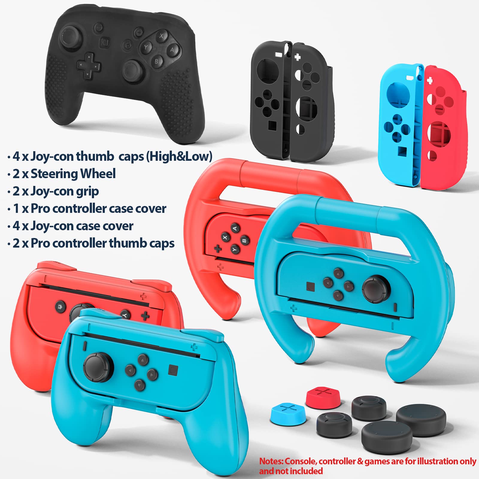 Accessories Bundle for Nintendo Switch, OIVO Kit with Carry Case & Screen Protector, Charger Dock, Playstand, Switch Game Case, Joystick Cap, Dockable Case Cover, Controller Grips & Steering Wheels