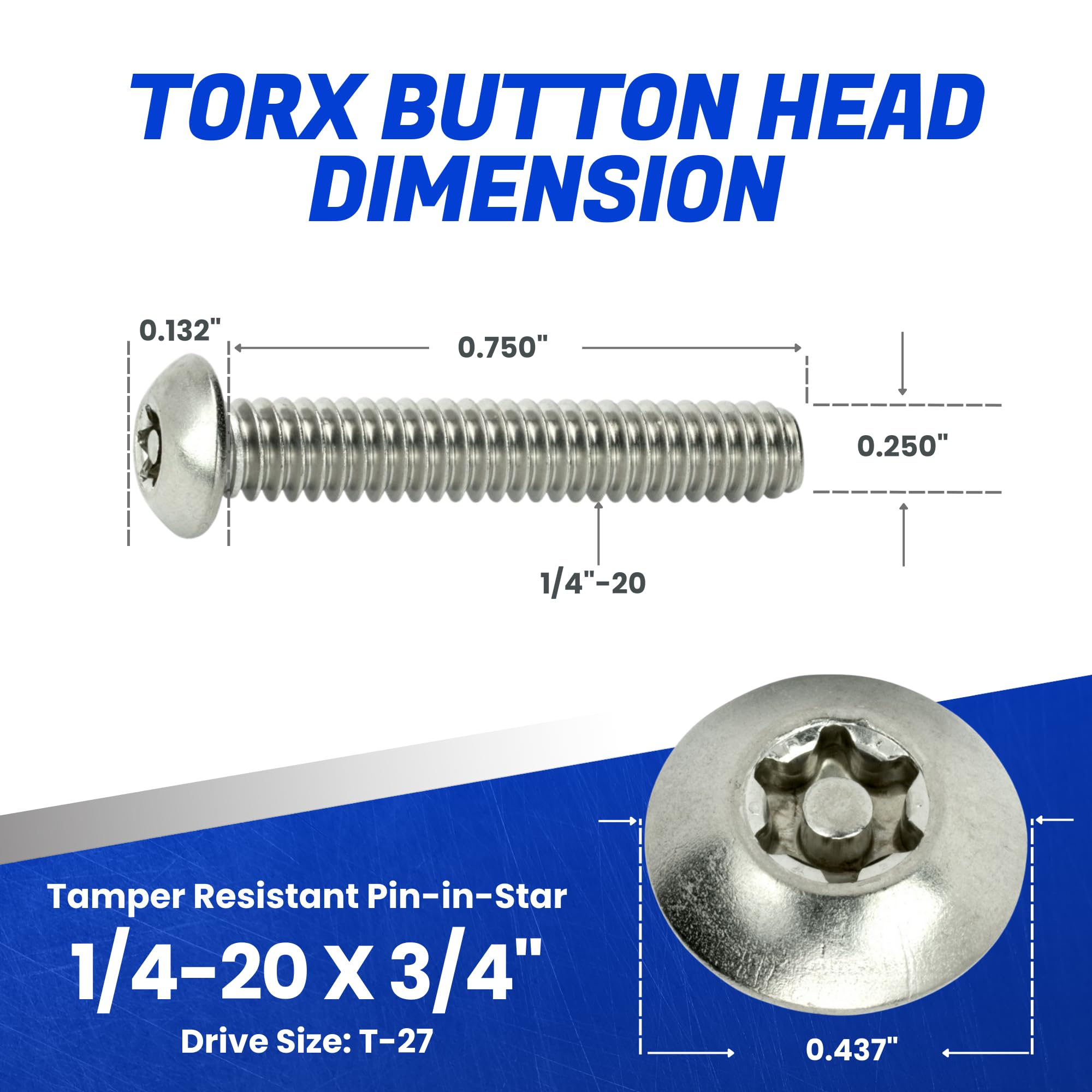 Fastenere Torx Security Machine Screws - 1/4-20 x 3/4" (10-Pack) Stainless Steel, Tamper-Resistant, Button Head Screws, Bolt Screw for Higher Level of Safety & Theft Prevention