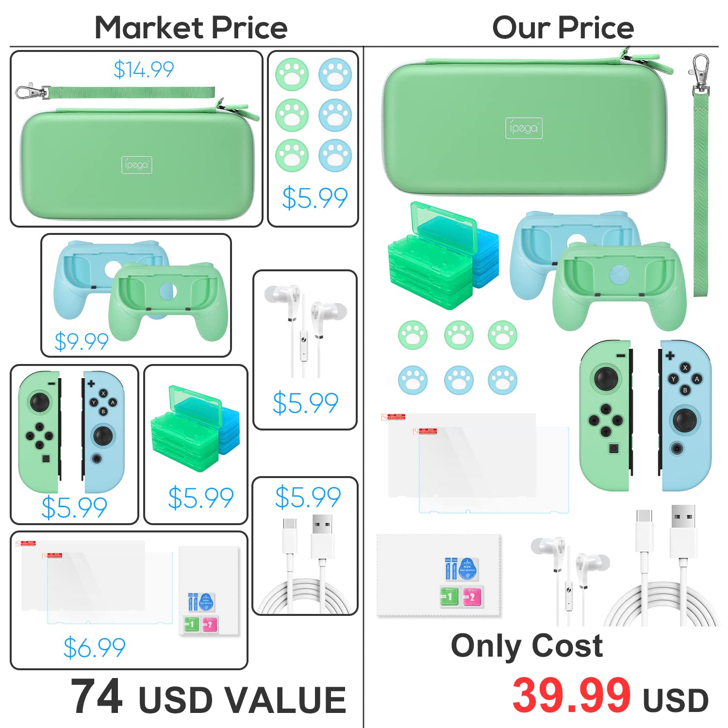 Accessories Bundle for Switch, 26 in 1 Essential Protection Kits with Carrying Case, Screen Protector, Cards Storage Case, Hand Grips, Cover for Joycon & Charging Cable, Thumb Grip Caps