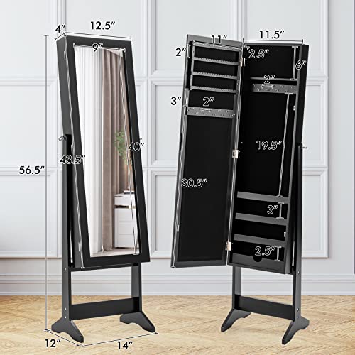 COSTWAY Jewelry Armoire Cabinet, Standing Jewelry Organizer with Full-length Mirror & 3 Adjustable Angles, Large Storage Capacity Jewelry Cabinet for Bedroom, Dressing Room (Black)