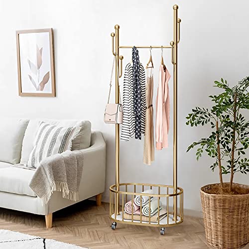 BOOSDEN Clothing Rack, Metal Clothes Hanger Rack with Wheels and Hooks, Portable Rolling Garment Rack for Hanging Clothes, Golden Yellow