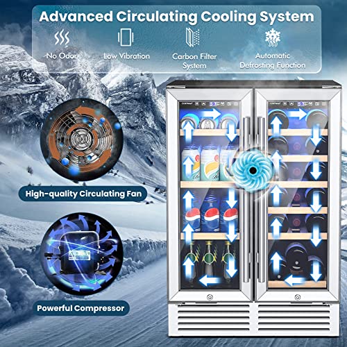 COSTWAY Wine and Beverage Refrigerator, 24 Inch Dual Zone Under Counter Wine Cooler w/Lock, 19 Bottles & 57 Cans Beverage Fridge Cooler, Built-In or Freestanding Beer Wine Fridge for Home Kitchen Bar