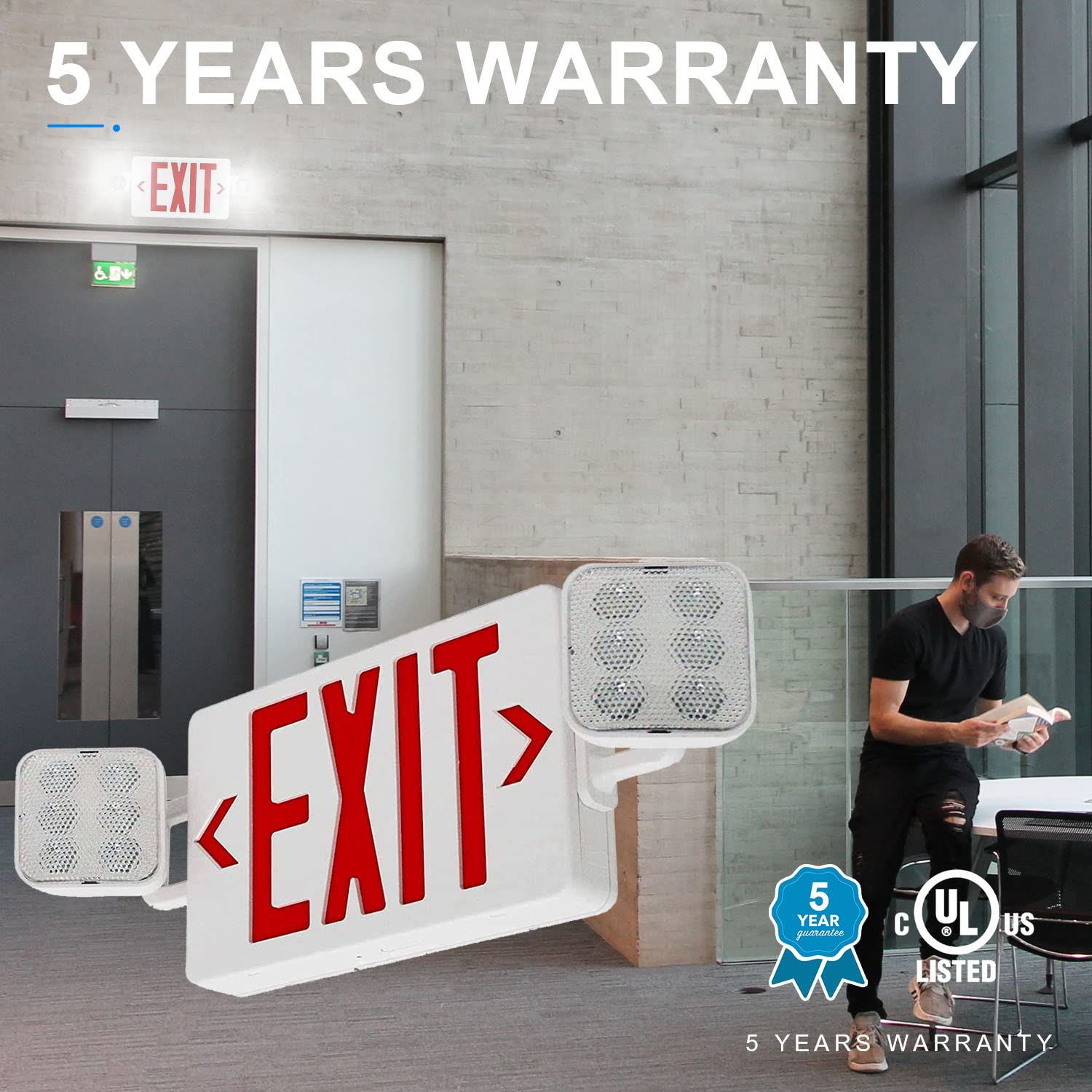 LED Exit Signs with Emergency Lights, Red LED Two Adjustable Head Emergency Exit Light with Backup Battery, AC 120V/277V, ABS Fire Resistant, UL Listed (1Pack)