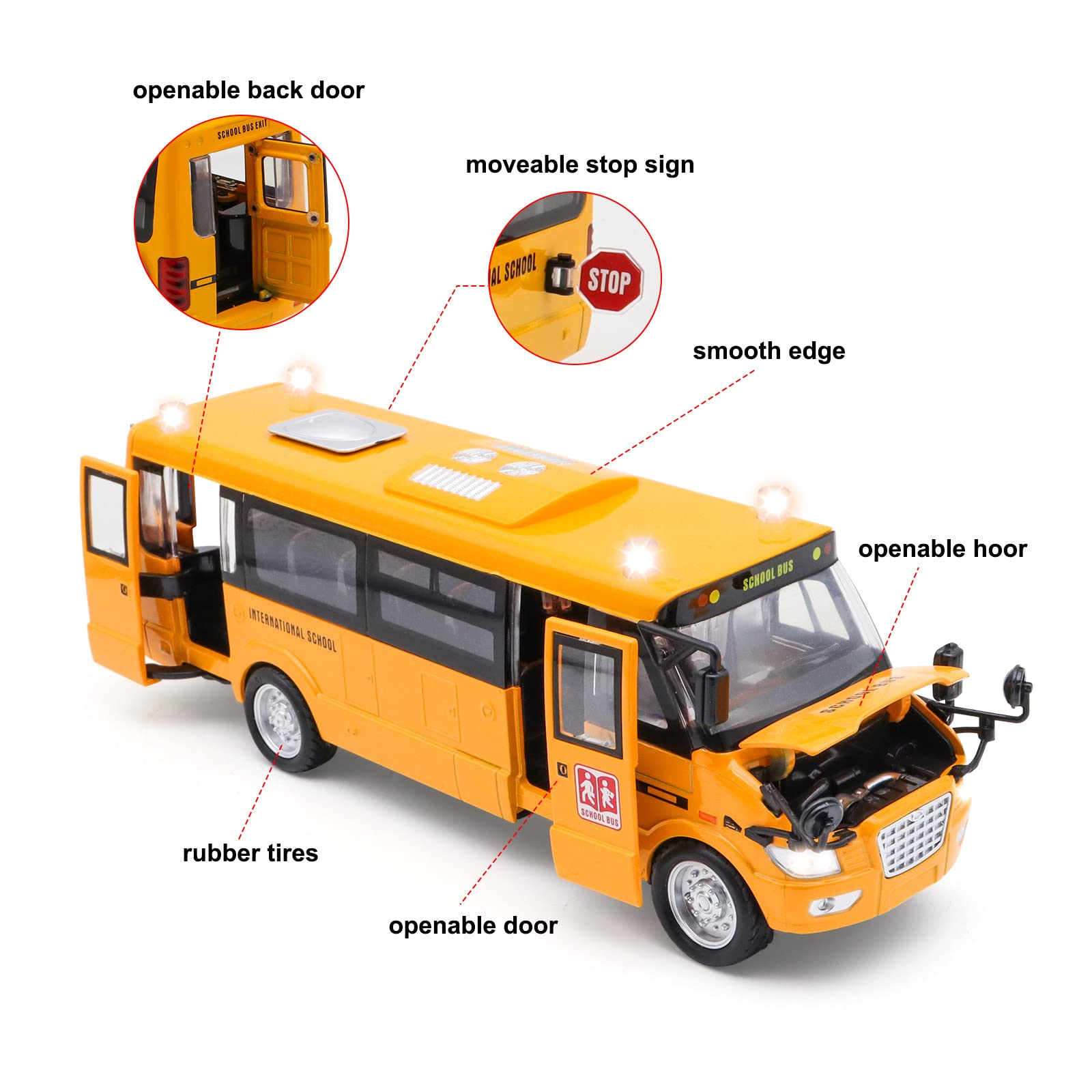 Ming You School Bus Toy for Toddlers - 9" Die-cast Pull Back Cars with Sounds Lights and Openable Doors, School Bus Toys for Kids Ages 4-8