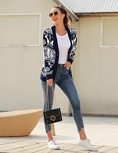 Cowasto Women's Reindeer Knitted Christmas Cardigan Sweater Comfy Button Up Casual Open Front Festive Sweaters Navy Blue X-Large