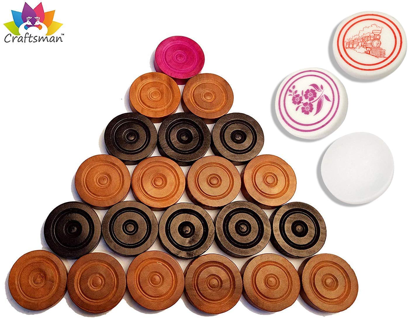 Craftsman Carrom Coin Set of 24 Coins Sheesham Wood Champion Carrom Coins + Striker (2 Pack + 3 Striker)