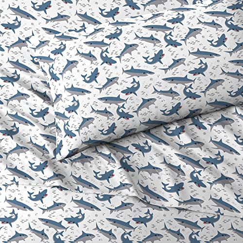 dream FACTORY Kids Sheet Set Lightweight Microfiber Bed Sheets Super Soft Easy Wash Cozy Bedding 10” Pocket - Twin, Blue Sharks