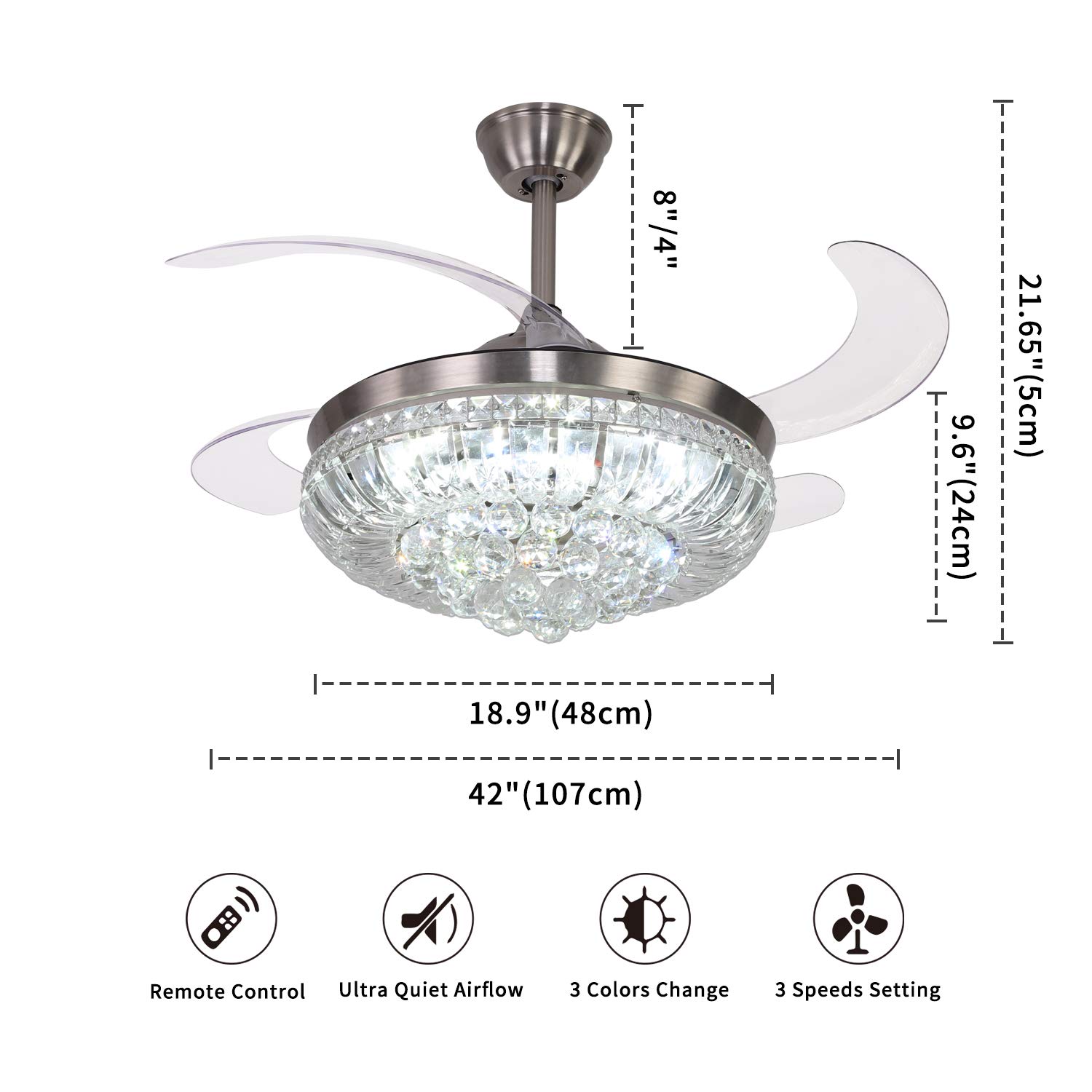 Ainfox 42" Crystal Ceiling Fan with Light, 4-Blades Chandelier Ceiling Fan with Remote Control, 3 Speeds Invisible Retractable Modern LED Fan for Living Room, 3 Light Change Timing Function