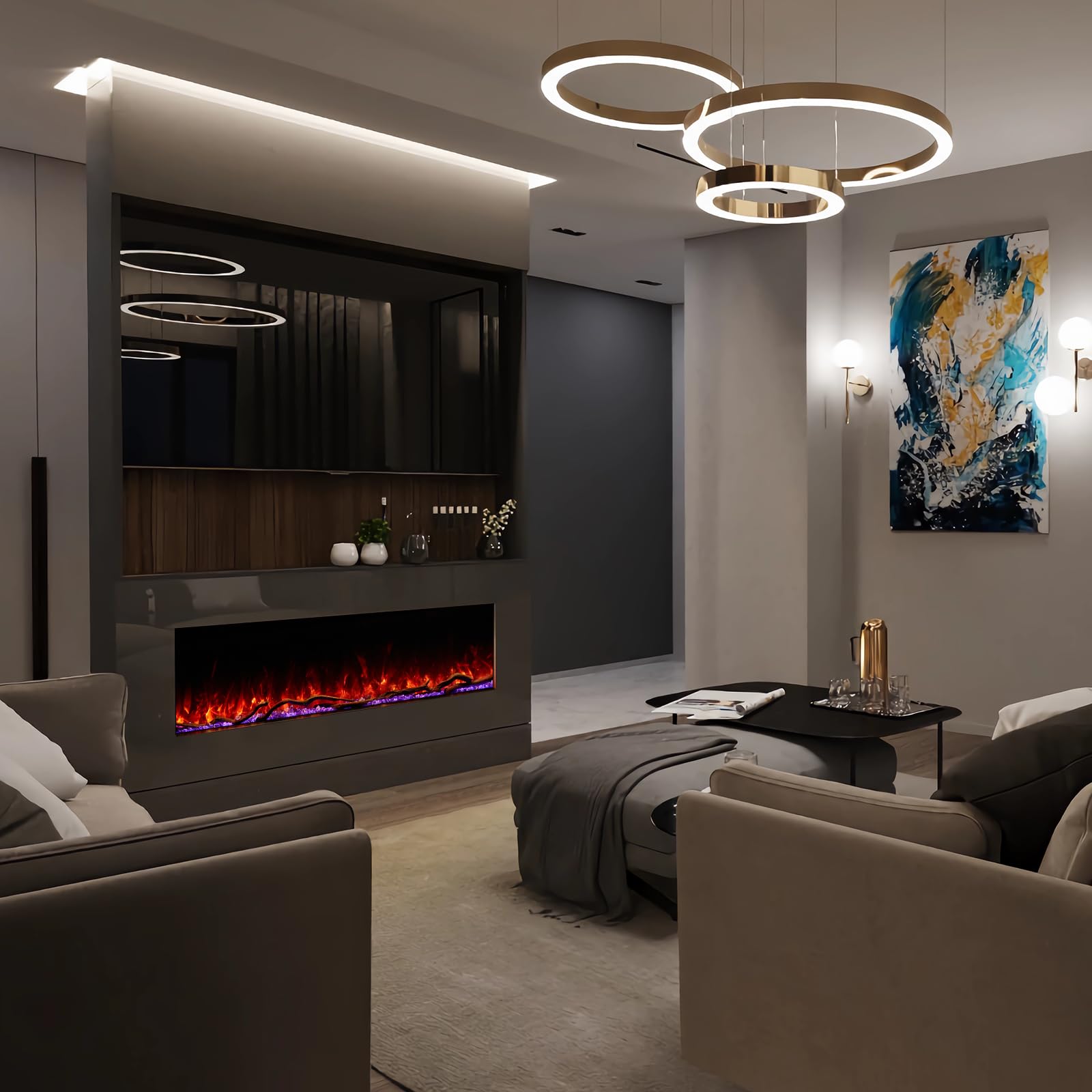 ALEXENT Recessed 80" Electric Fireplace with Wi-Fi/Remote Control Wall Mount, Built in, Low Noise with Timer, Touch Screen, Adjustable Flame Color and Speed, Log Set & Crystal