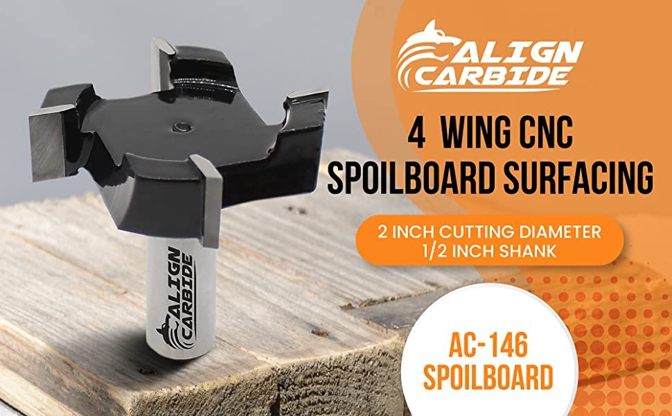 Align Carbide, CNC Spoilboard Surfacing, Slab Flattening Router Bit, 4 Wing, 2 inch Cutting Diameter, 1/2 inch Shank, CNC Router Pro-Series.