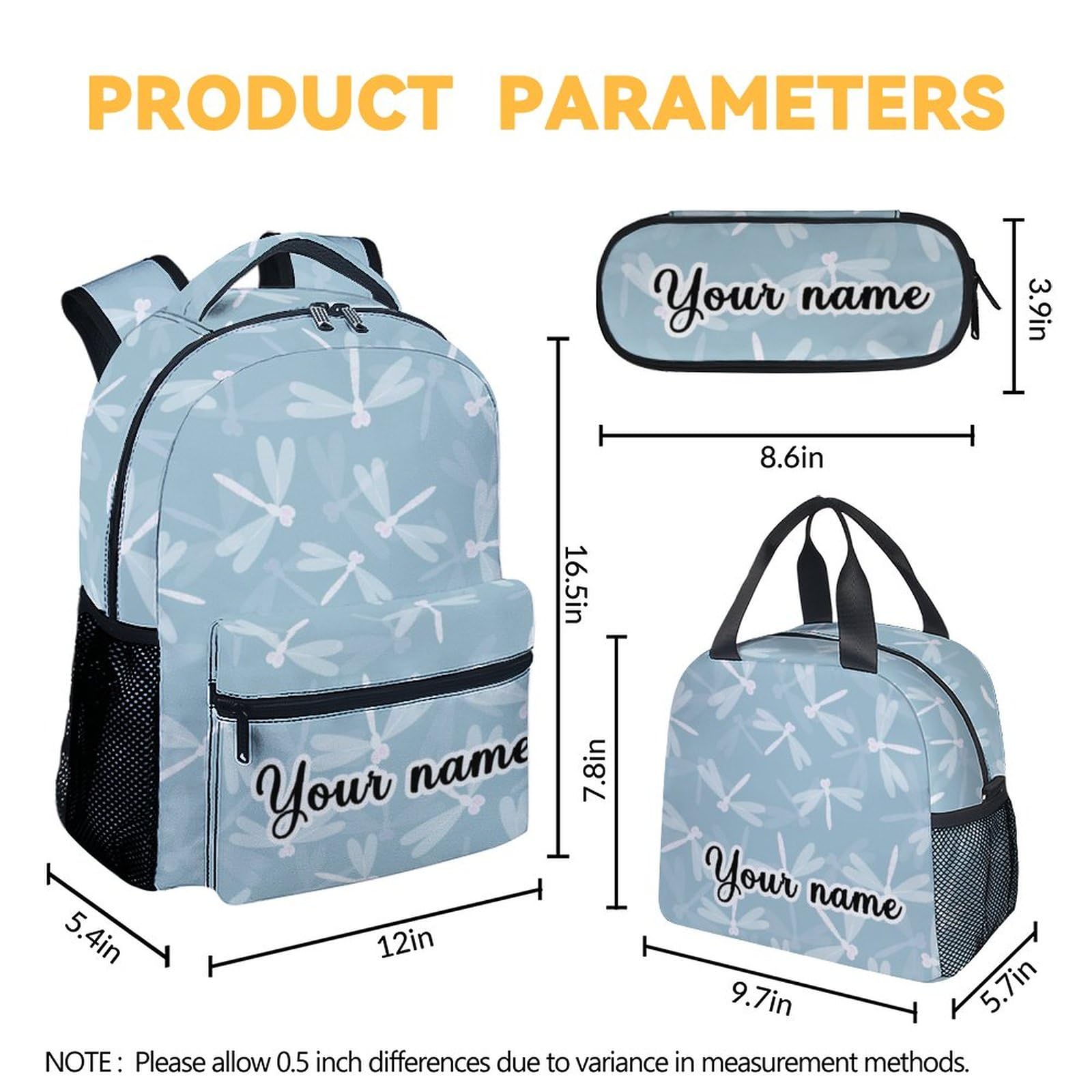 AIOMXZZ Personalized Dragonfly Backpack with Lunch Box Set for Girls, 3 in 1 School Backpacks Matching Combo, Cartoon Green Bookbag And Pencil Case Bundle