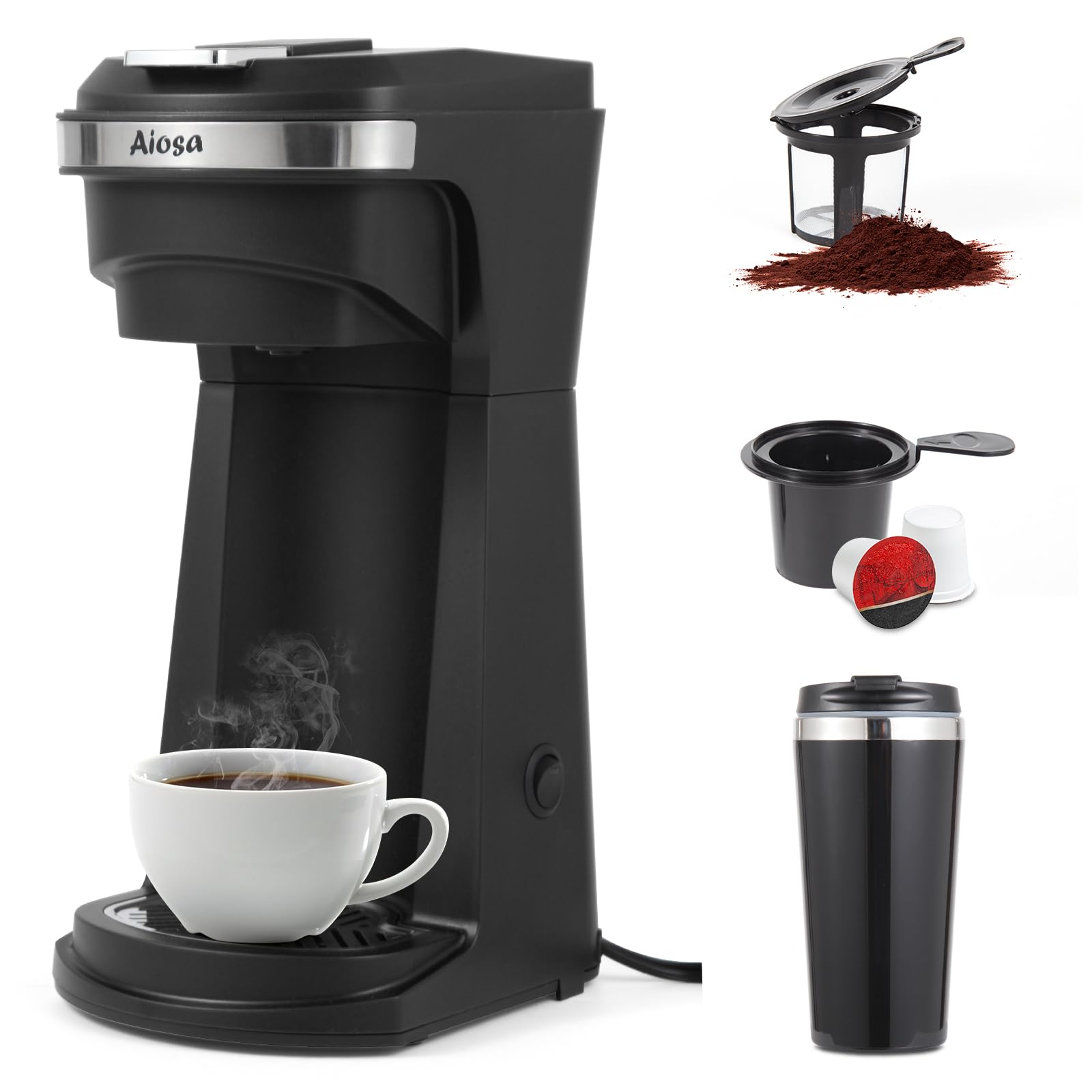 Aiosa Single Serve K Cup Coffee Maker And Ground Coffee Machine 2 in 1, 8 to 14 Oz Brew Sizes, Mini Personal One Cup Coffee Maker, Fits 7in.Travel Mug,Auto Shut Off,800W,Reusable Filter, CM-208RM1