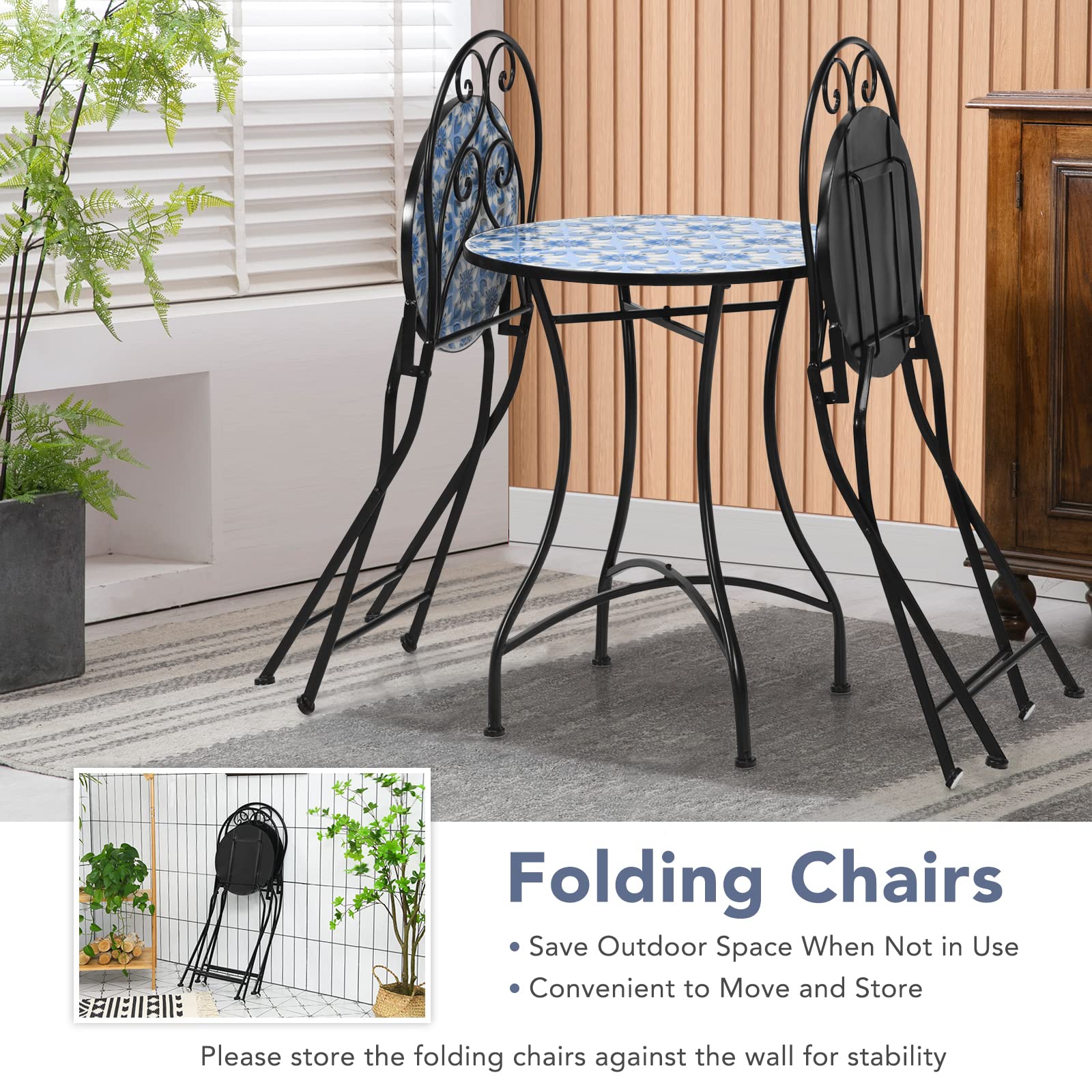 Giantex 2 Pieces Folding Bistro Chairs, Mosaic Patio Chairs with Ceramic Tiles Seat and Exquisite Floral Pattern, Outdoor Dining Chairs for Deck, Garden and Backyard (Blue & Black)
