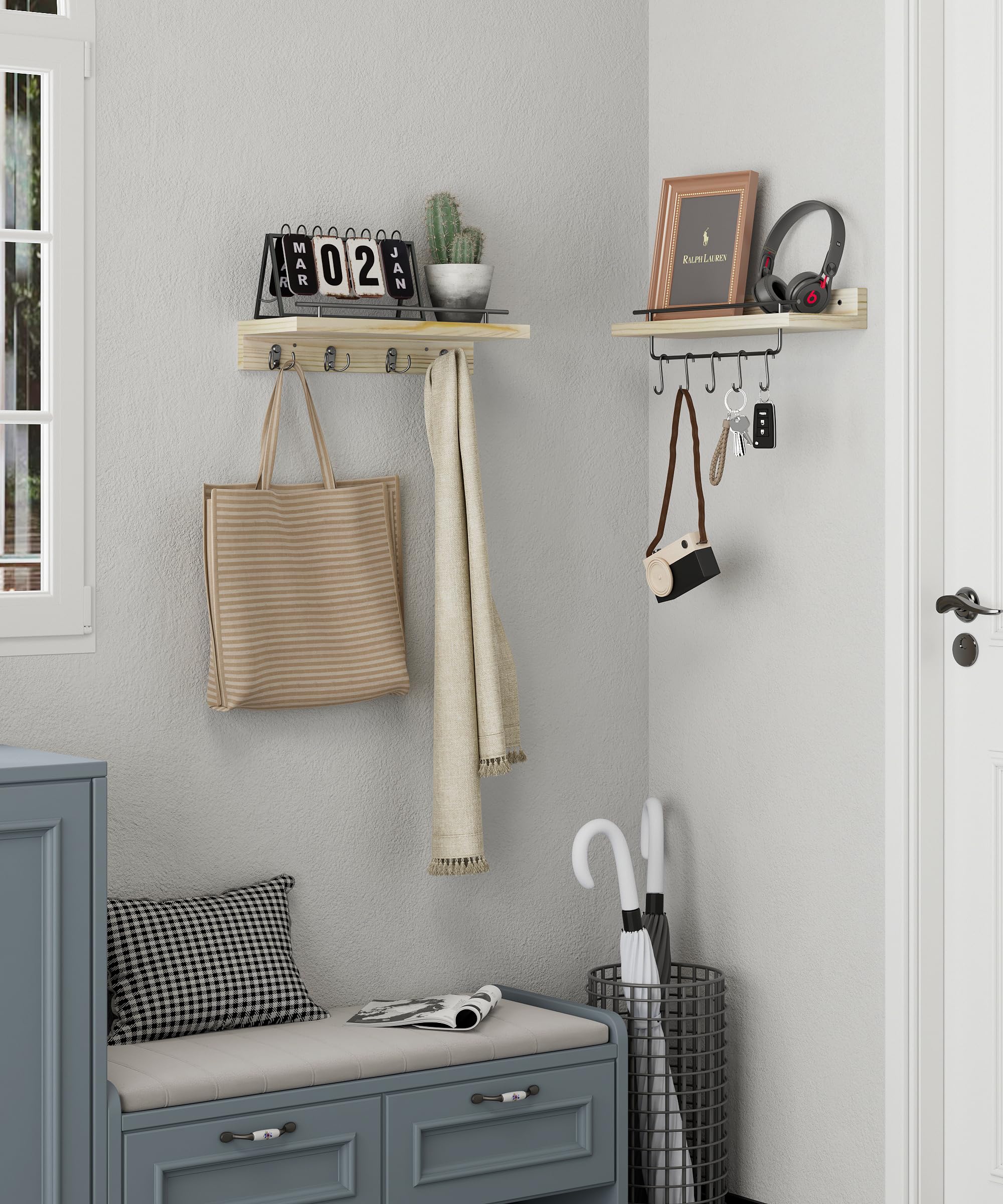 Wood Floating Shelves with Hooks, Wall Mounted Coat Rack with Shelf Set of 2, Bathroom Wall Shelf with Removable Towel Bar, Hanging Shelves with 9 Hooks for Kitchen Entryway Coffee Bar, Maple Wood
