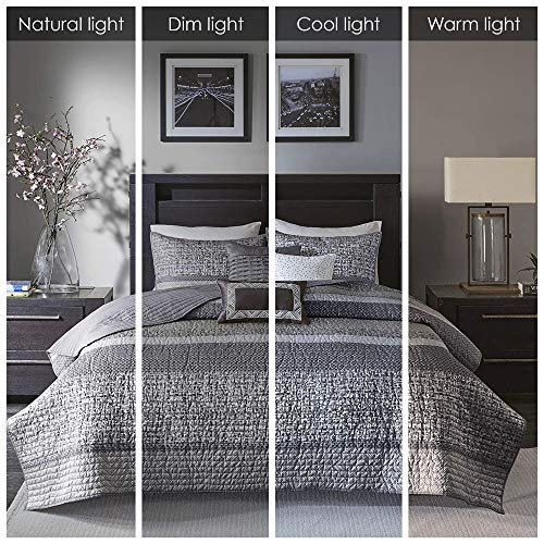 Madison Park Quilt Set Luxurious Jacquard Stripes Design - All Season, Coverlet Bedspread Lightweight Bedding Layer, Shams, Decorative Pillow, Full/Queen(90"x90"), Chevron Grey/Taupe 6 Piece