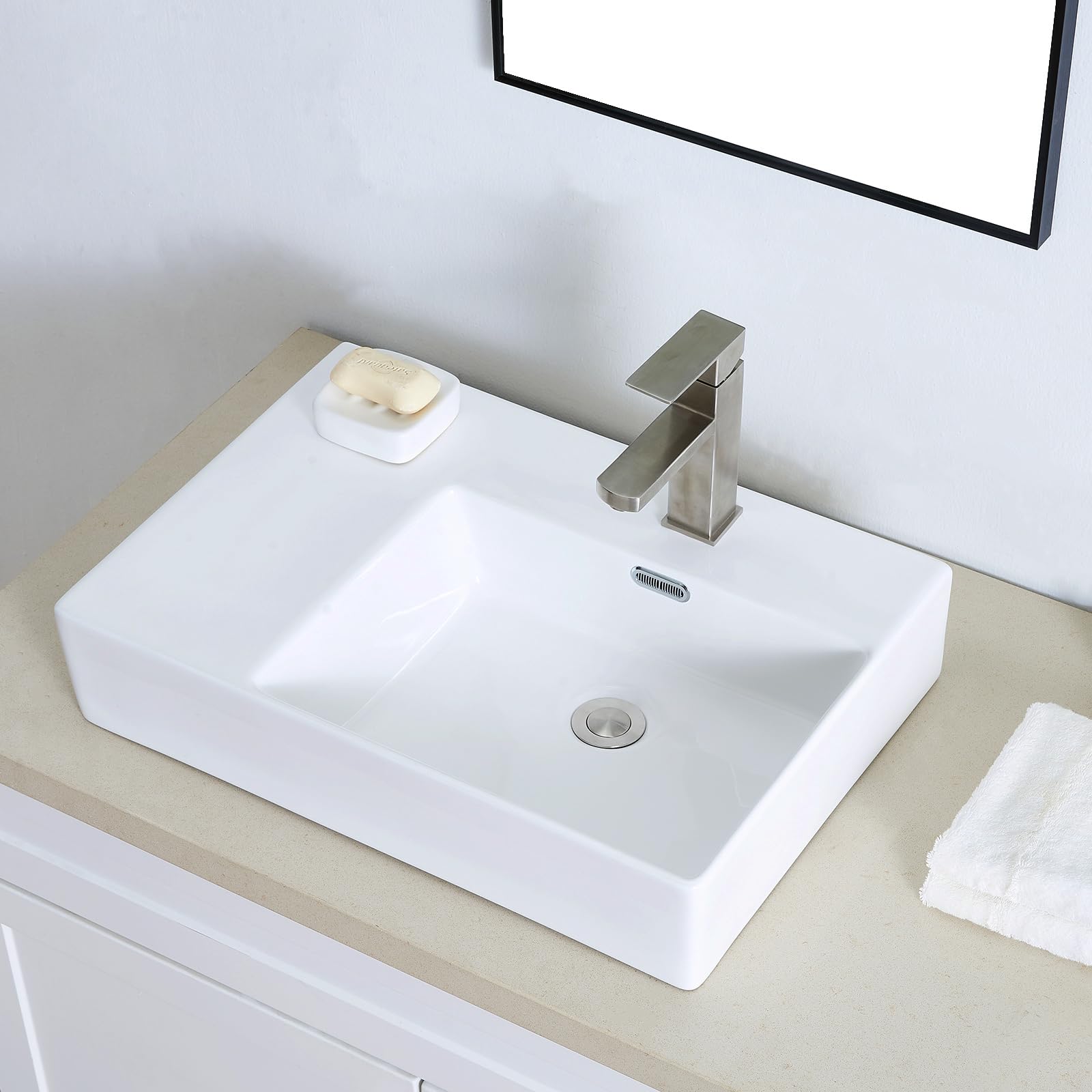 Bathroom Sink,White Wall Mounted Sink,Rectangle Wall Mount Bathroom Vessel Sink,24"X17"Modern Floating or Countertop Porcelain Ceramic Washing Bathroom Lavatory Sink,Right Side