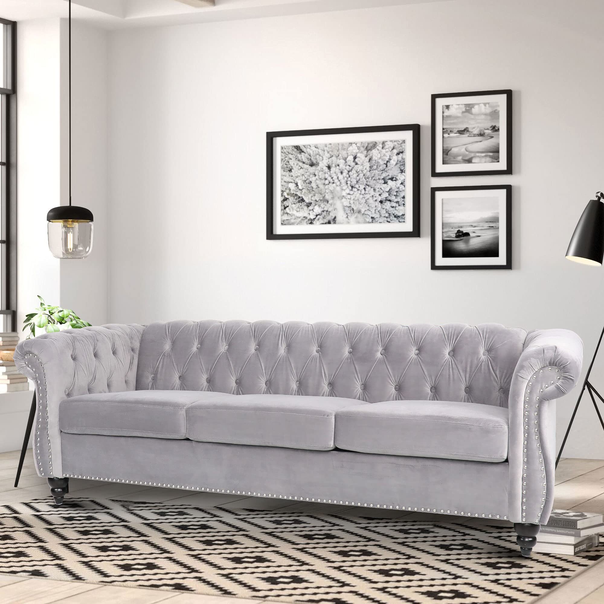 NOSGA Modern Contemporary Sofa Couch with Deep Button Tufting Dutch Velvet, Solid Wood Frame and Wood Legs (Gray)