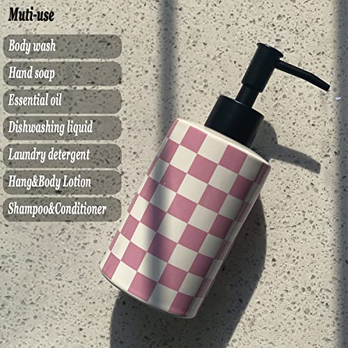 Bathroom Soap Dispenser with Matte Black Pump White Ceramic Soap Dispenser for Kitchen Checkerboard Empty Pump Bottle (Pink)