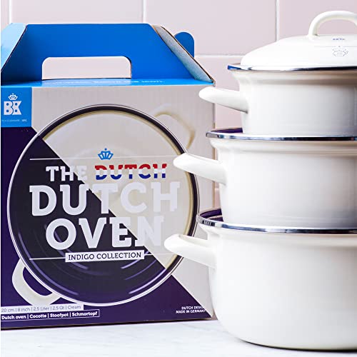 BK Indigo Dutch Heritage Round German Enamelled Casserole with Lid with PFAS-Free Ceramic Non-Stick Coating, 26 cm/5.2 Litre, Induction, Dishwasher Safe, Oven Safe, Cream