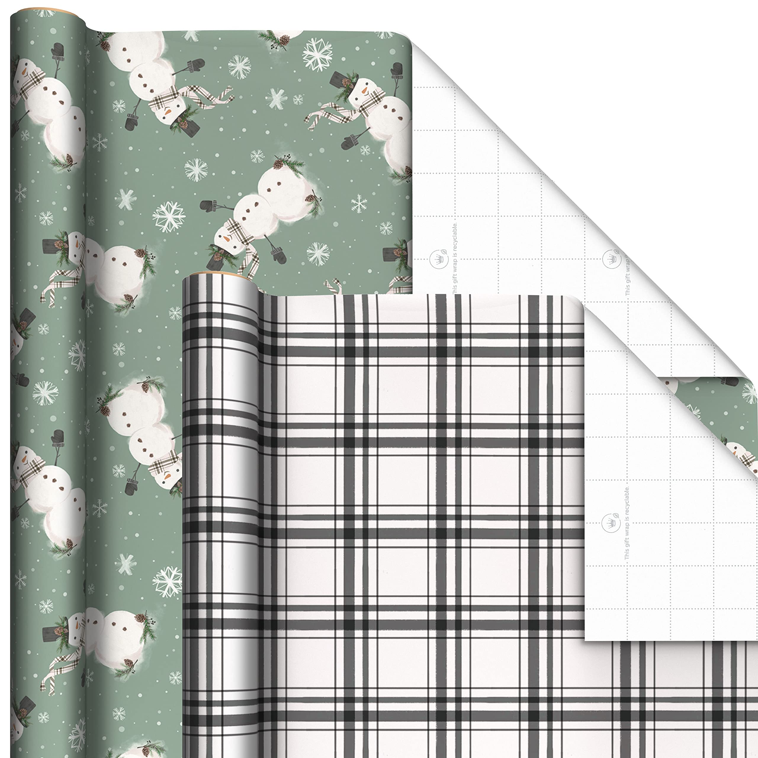 Hallmark Recyclable Neutral Christmas Wrapping Paper (4 Rolls: 100 Sq. Ft. Ttl) White and Sage Green Evergreen Pinecones, Rustic Snowmen, Plaid, Nordic Deer and Foliage
