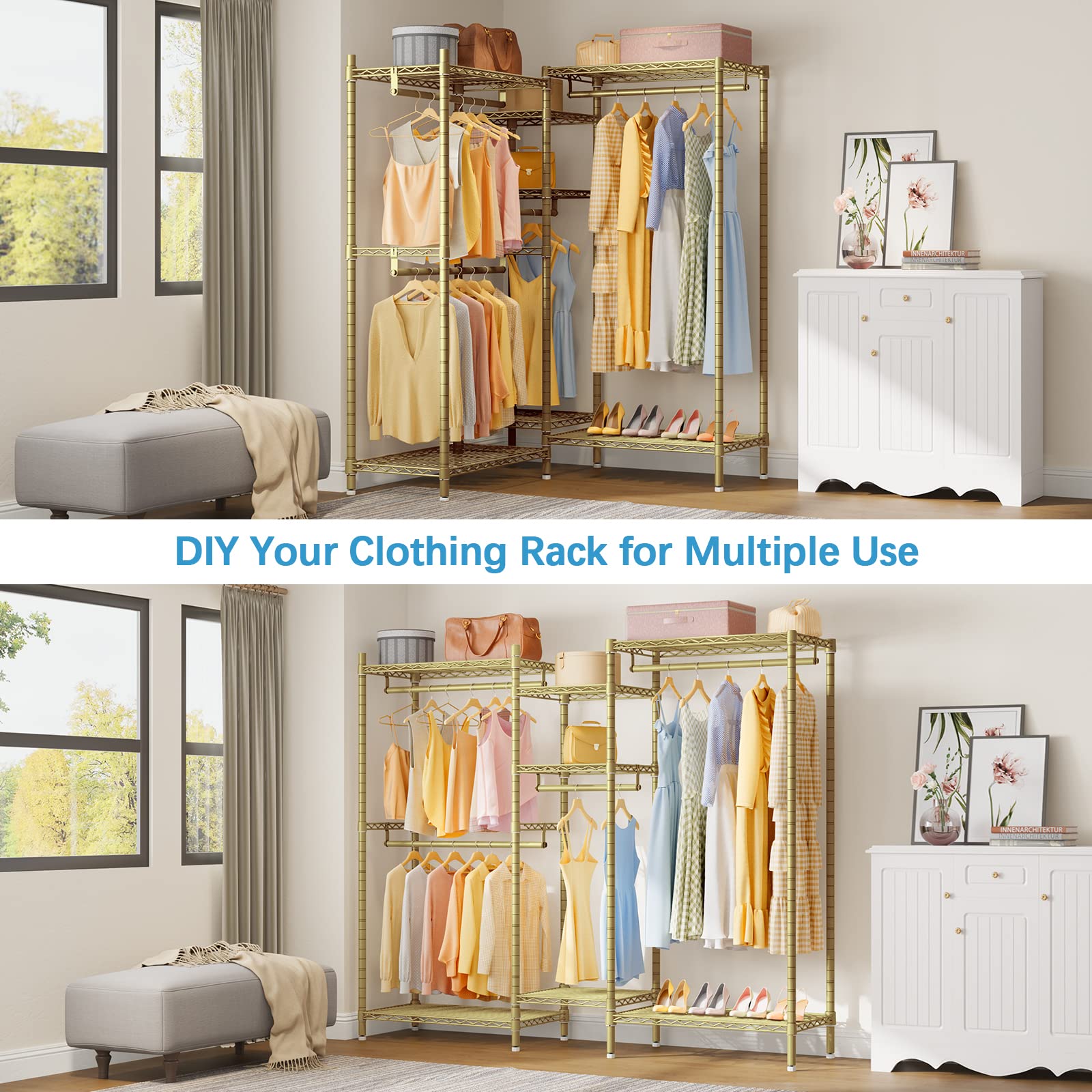 VIPEK L6 L Shaped Clothes Rack Heavy Duty Clothing Rack for Corner, 5-Tier Wire Garment Rack Metal Freestanding Closet with Adjustable Shelves, 46.5" L x 46.5" W x 76.4" H, Max Load 850LBS, Gold
