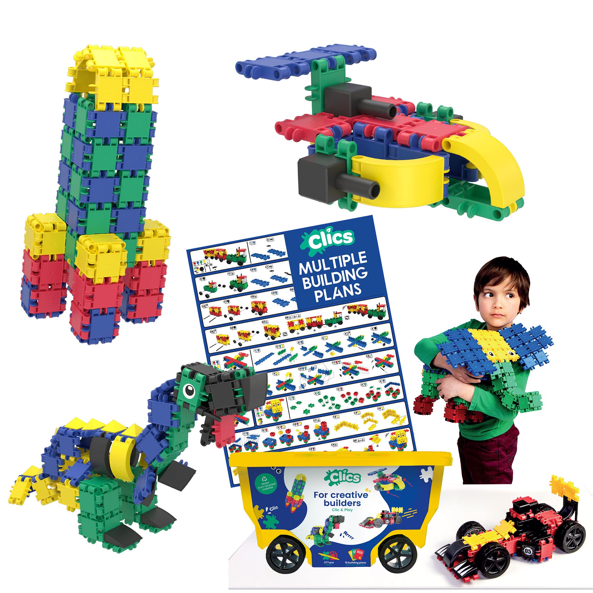 Clics Basic Set of 377 Pieces, Construction Toys for 3 Year Old Boys and Girls, rollerbox of Blocks to Learn Shapes and Colors, Educational STEM Toys. No BPA, PVC. Dishwasher Safe, Recycled Plastic.