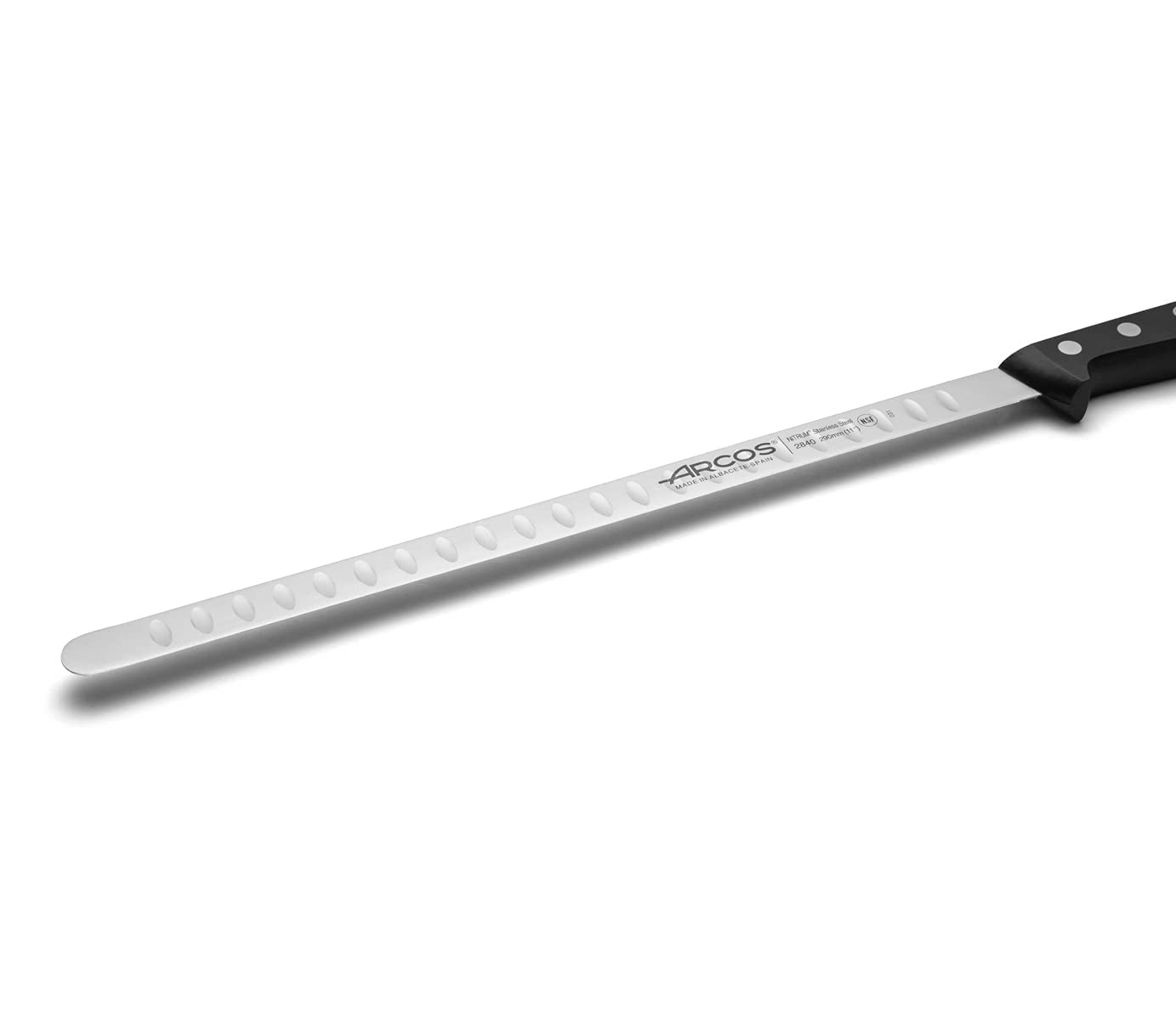 ARCOS Salmon Knife / Fish Knife 11 Inch Nitrum Stainless Steel and 290 mm blade. Ergonomic Polyoxymethylene POM Handle. Series Universal. Long, sturdy blade and serrated edge. Easily cuts. Color Black