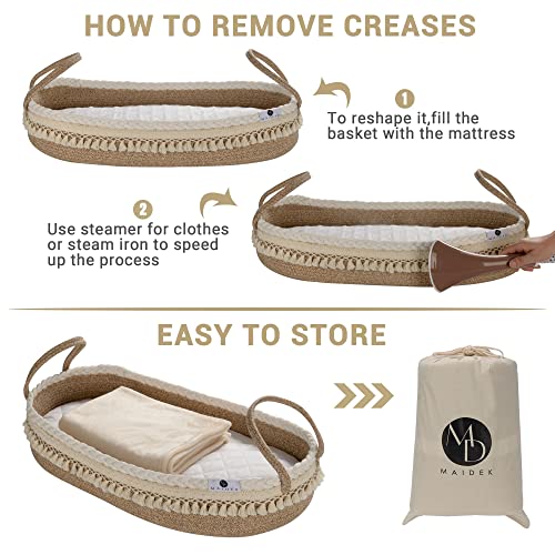 Maidek Baby Changing Basket - Handmade Woven Cotton Rope Moses Basket - Changing Table Topper with Mattress Pad, Removable Cover, Soft Blanket, Furniture - 29x16x4.7"