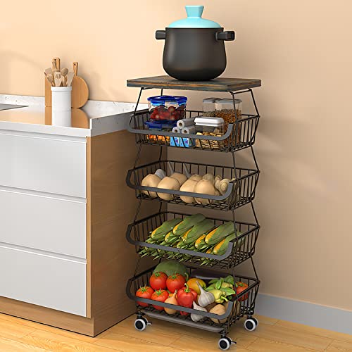 BEEY Vegetable Storage Rack with Wood Tabletop 5 Tier Stackable Storage Baskets with Wheels Vegetable Fruit Baskets Utility Cart Rack for Pantry,Garage