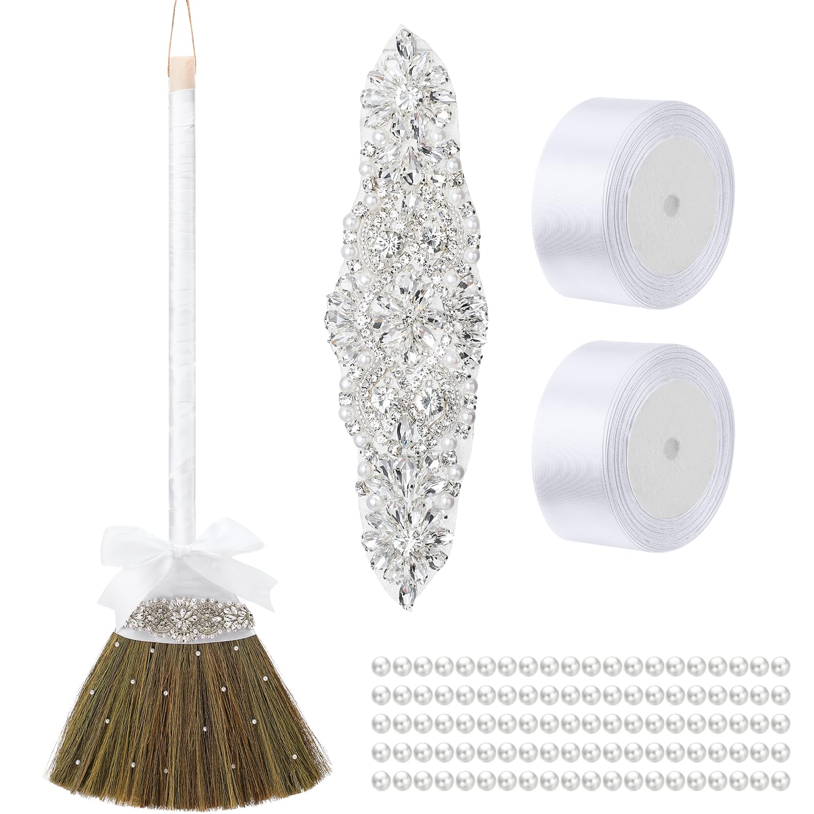 Yungyan Wedding Brooms DIY Bride Bridegroom Jump Broom 11.81 x 28.74 Inch Whisk Wedding Brooms Jumping Brooms with White Ribbons Artificial Pearl for African American Wedding Ceremony Crafts