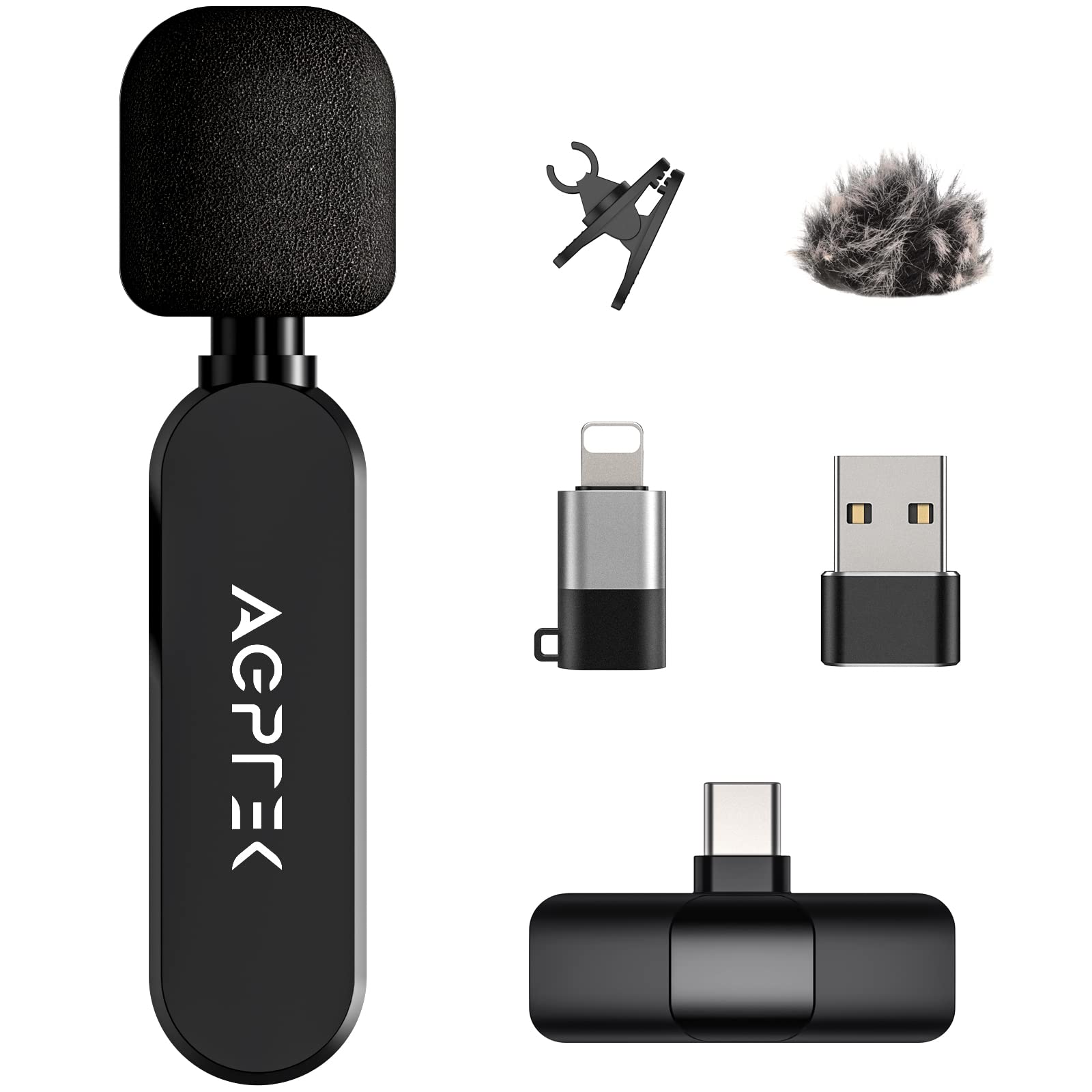 AGPTEK Wireless Lavalier Microphones, Wireless Clip Mic, Lapel Clip-on Microphone for Smartphone, Laptop, Vlog, Recording, Interview, Tiktok, Facebook, YouTube, Live Stream