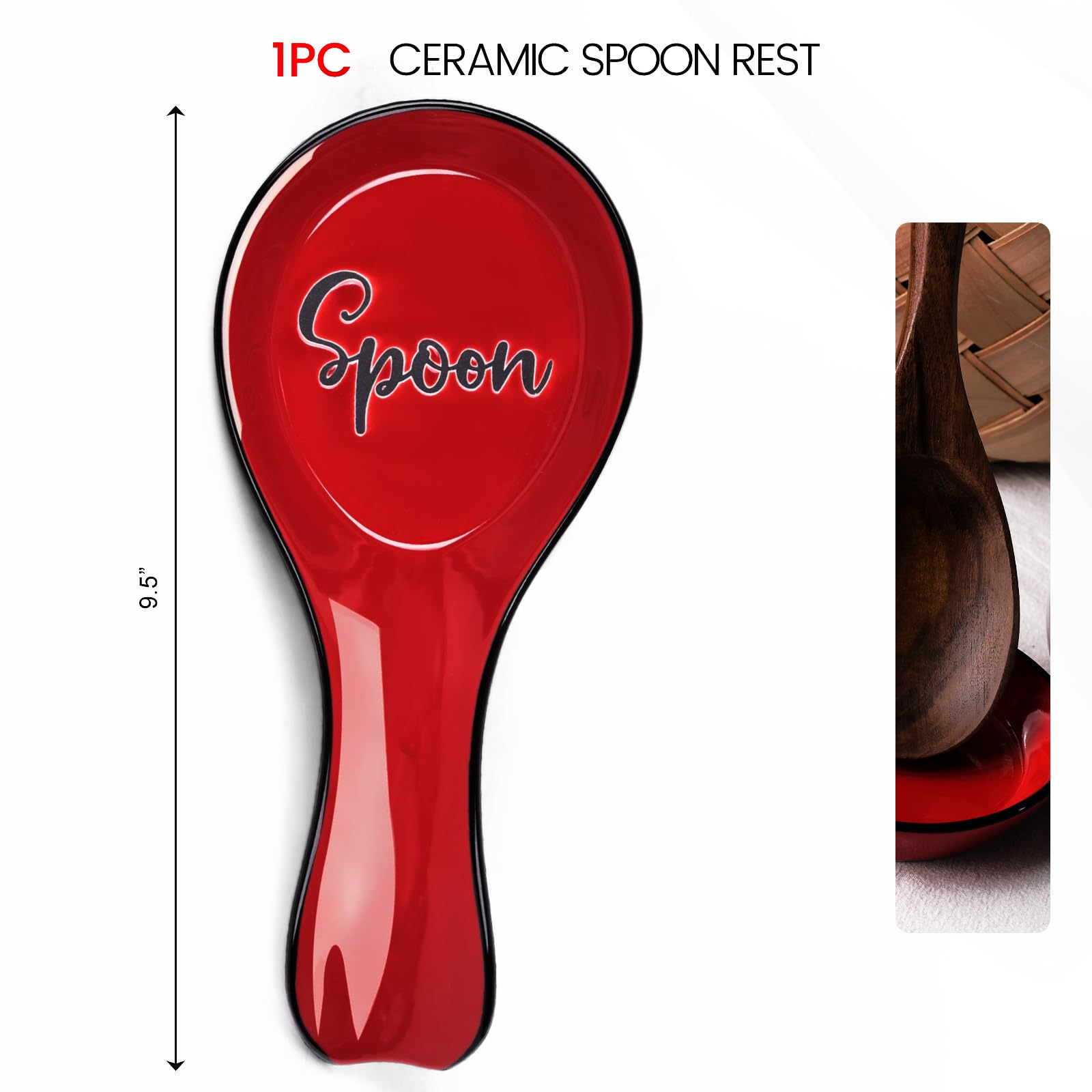 HAKSEN Ceramic Spoon Rest, Large Spoon Holder for Stove Top 9.5 Inch Red Utensil Rest for Kitchen Counter Ladle Spatula