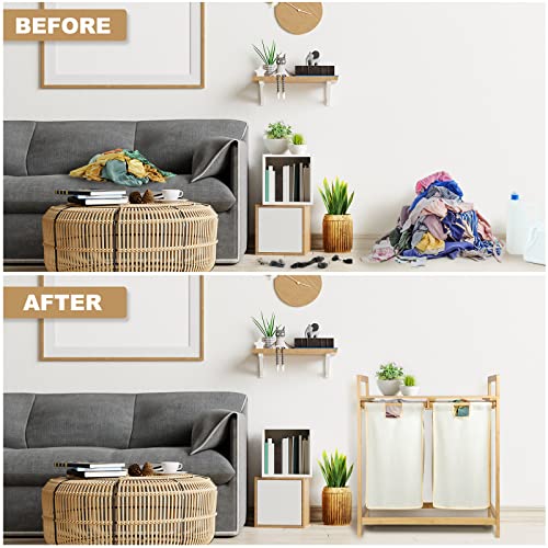 Bellzacasa Bamboo Laundry Hamper Shelf 2 Section Hamper Laundry Basket Bamboo Laundry Organizer with 2 Removable Beige Liner Bag For Bathroom Living Room Bedroom